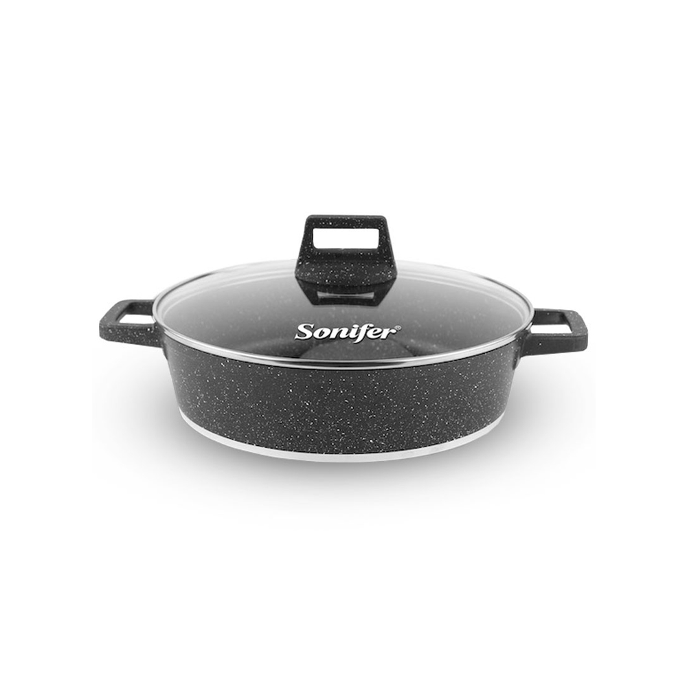 32cm 5.6L Wear-Resistant Non-Stick Granite Shallow Pot With Glass Lid ...