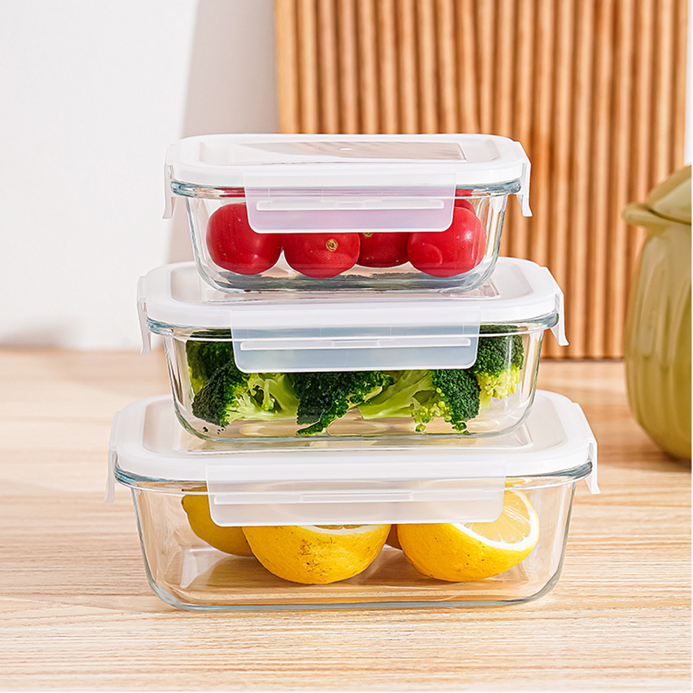 3-Pieces Rectangular Glass Food Storage Containers 370/640/1040ml ...