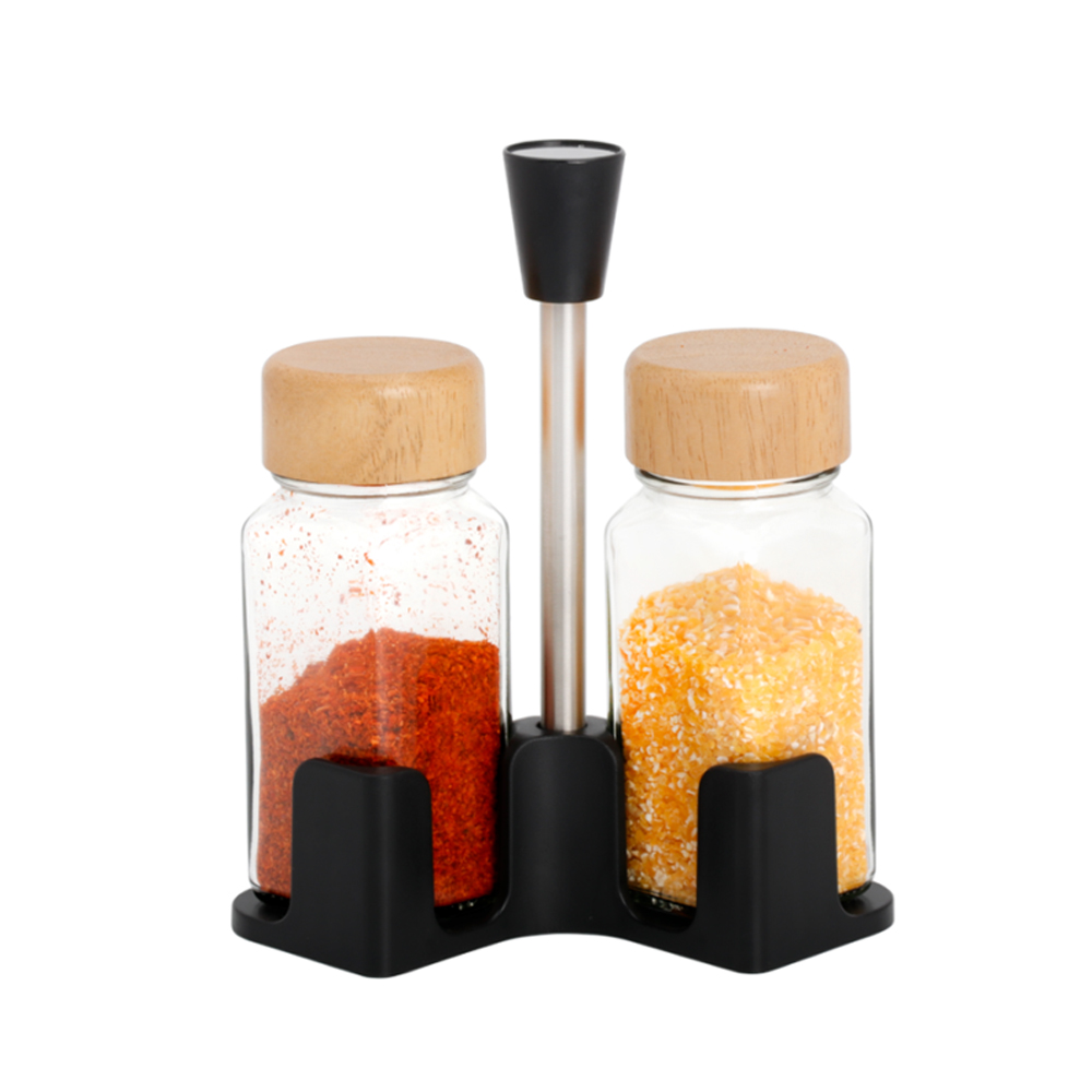 2-Pieces Glass Salt & Pepper Jar Bamboo Lid With stand 110ml ...