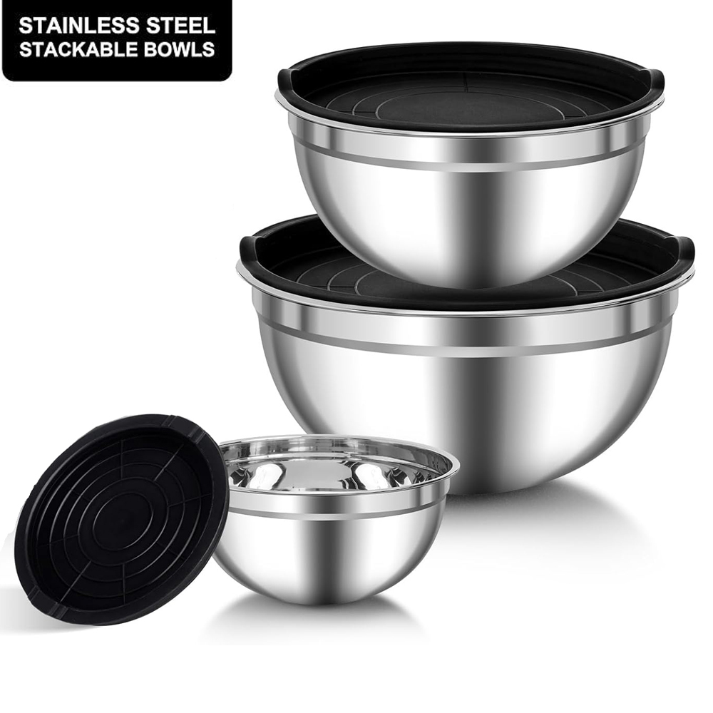 3-Pieces Stainless Steel Salad Bowl with Lid 18/22/26 cm Set - TezkarShop Official Website