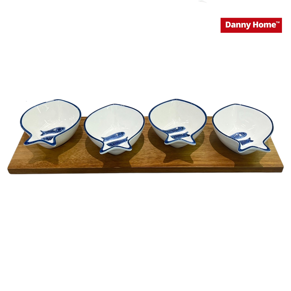 Danny Home Ceramic Snack Seasoning Bowl Holder on Acacia Board - 39cm ...