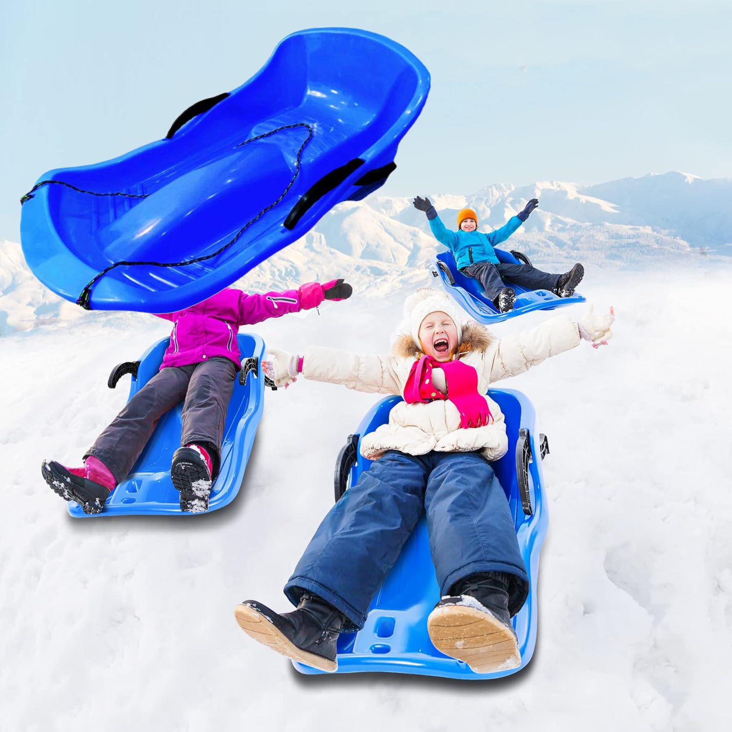 90-cm Snow Sled Large Snow Sleds for Kids and Adult with 2 Braking ...