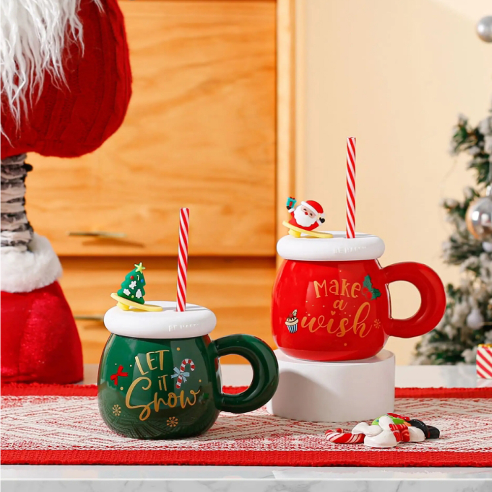Christmas Santa Claus Ceramic Cup with Silicone Cup Lid and Straw ...