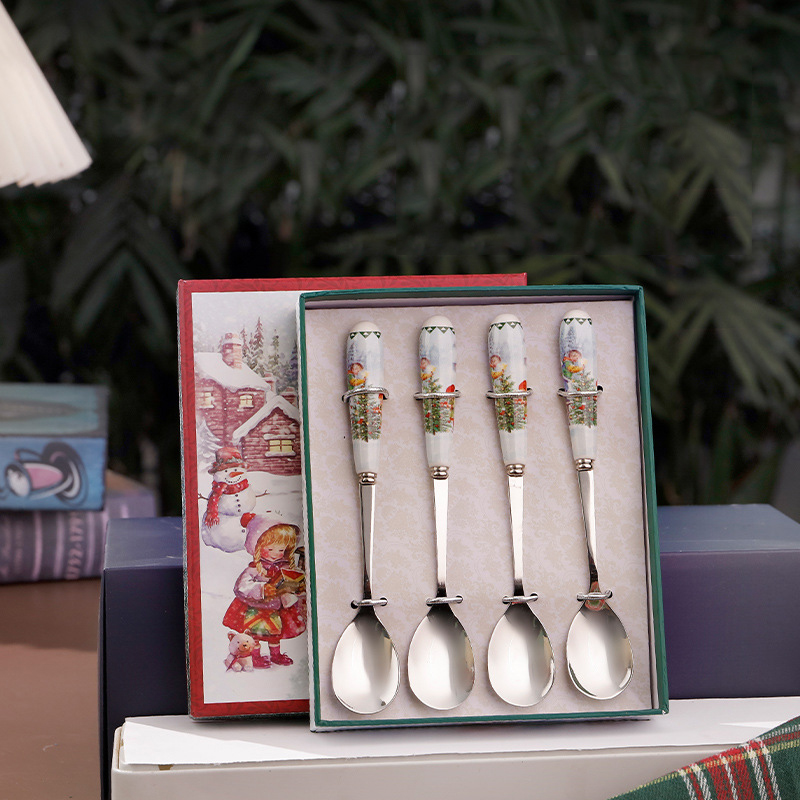 Vintage 4-Pieces Stainless Steel Spoon Set For Dining Table Ceramic ...