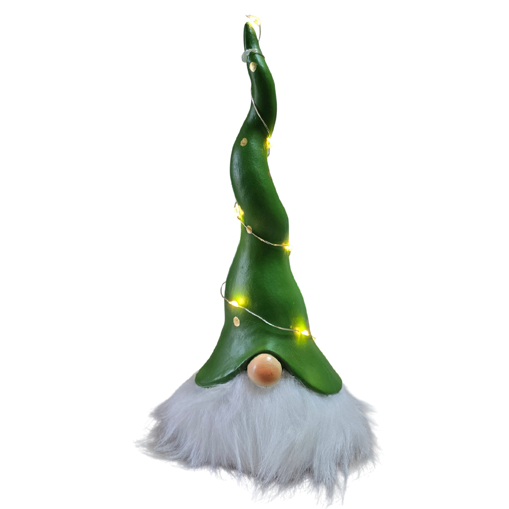 Resin Christmas Decoration Gnome with Green Hat & String Lights ...