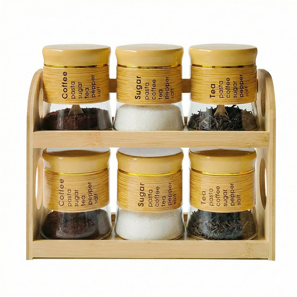 Bamboo Spice Rack Set with 6 Glass Jars Plastic Lid - 400ml #CB-TWJ45 ...
